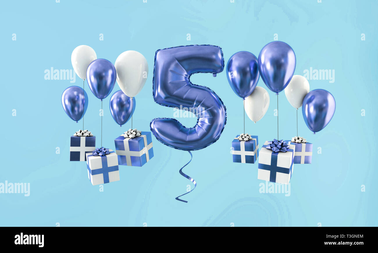 Number 5 birthday celebration gold balloon with presents. 3D Render ...