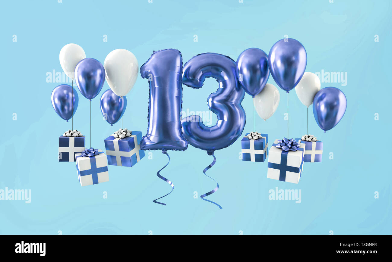 Number 13 birthday celebration gold balloon with presents. 3D Render ...