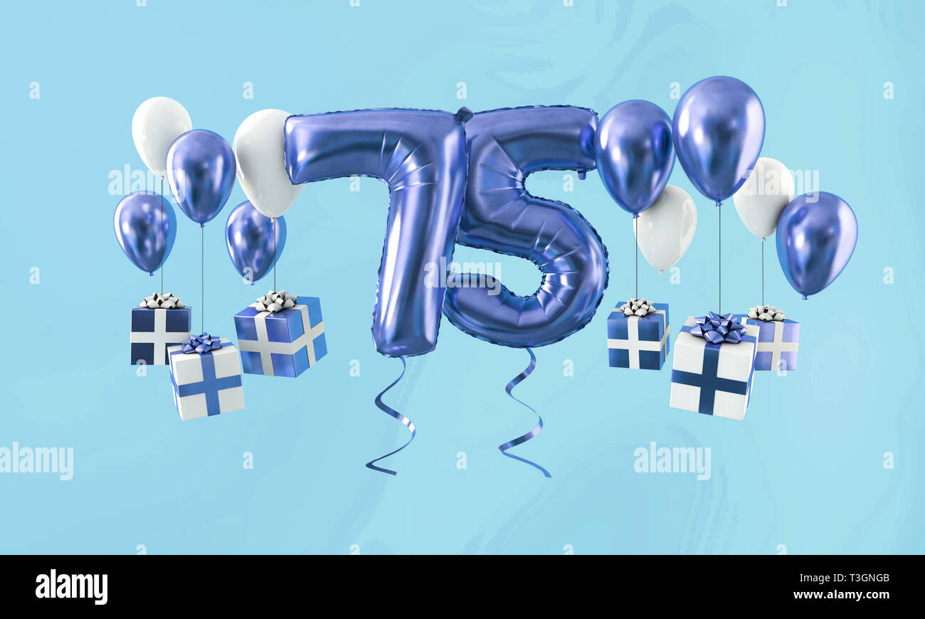 Number 75 birthday celebration gold balloon with presents. 3D Render ...