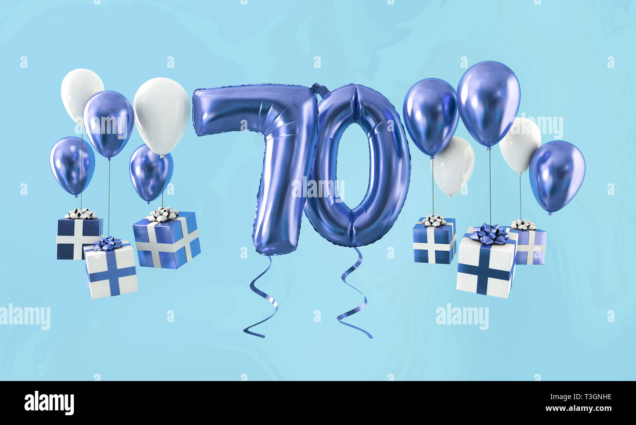 Number 70 birthday celebration gold balloon with presents. 3D Render ...