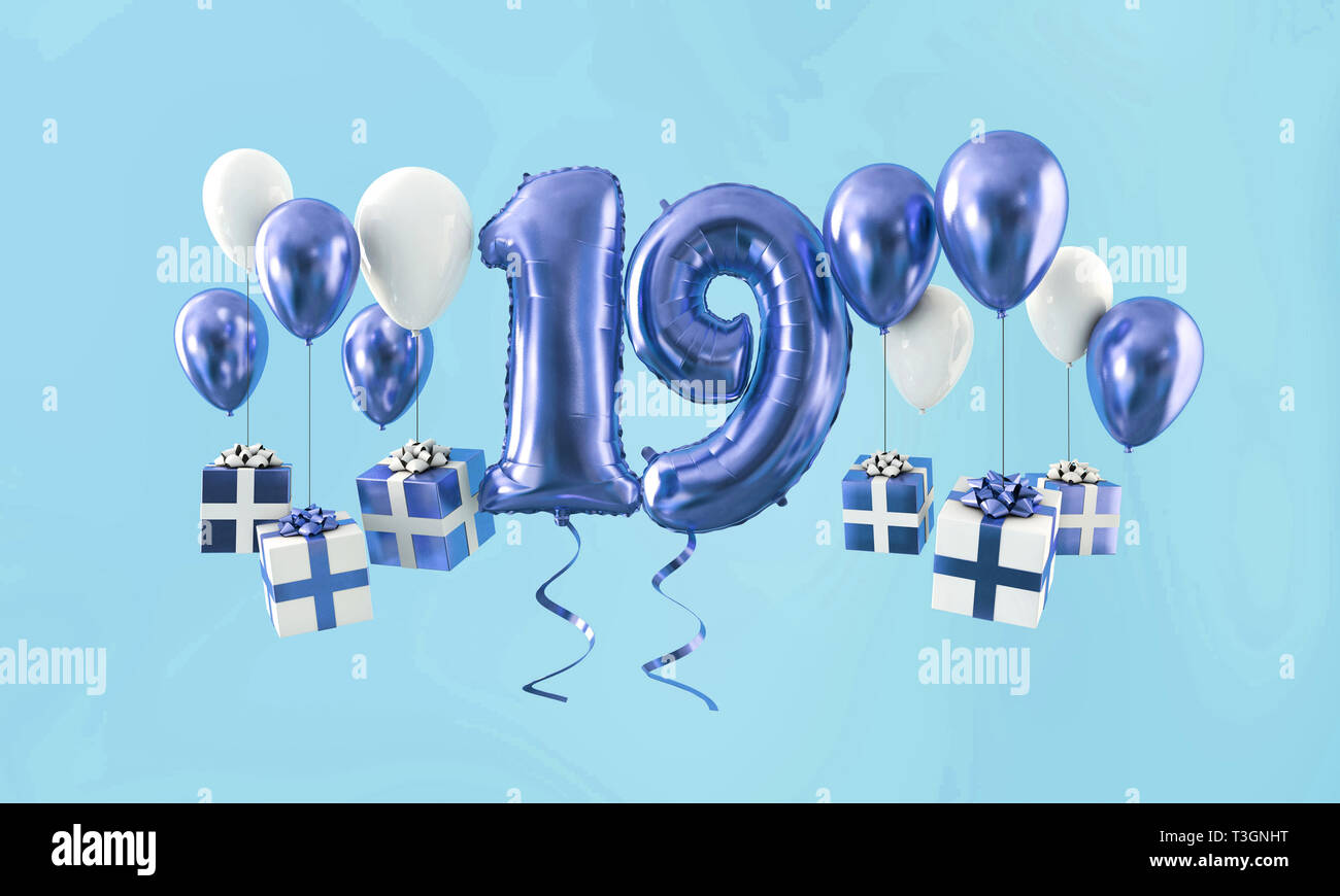 Number 19 birthday celebration gold balloon with presents. 3D Render ...