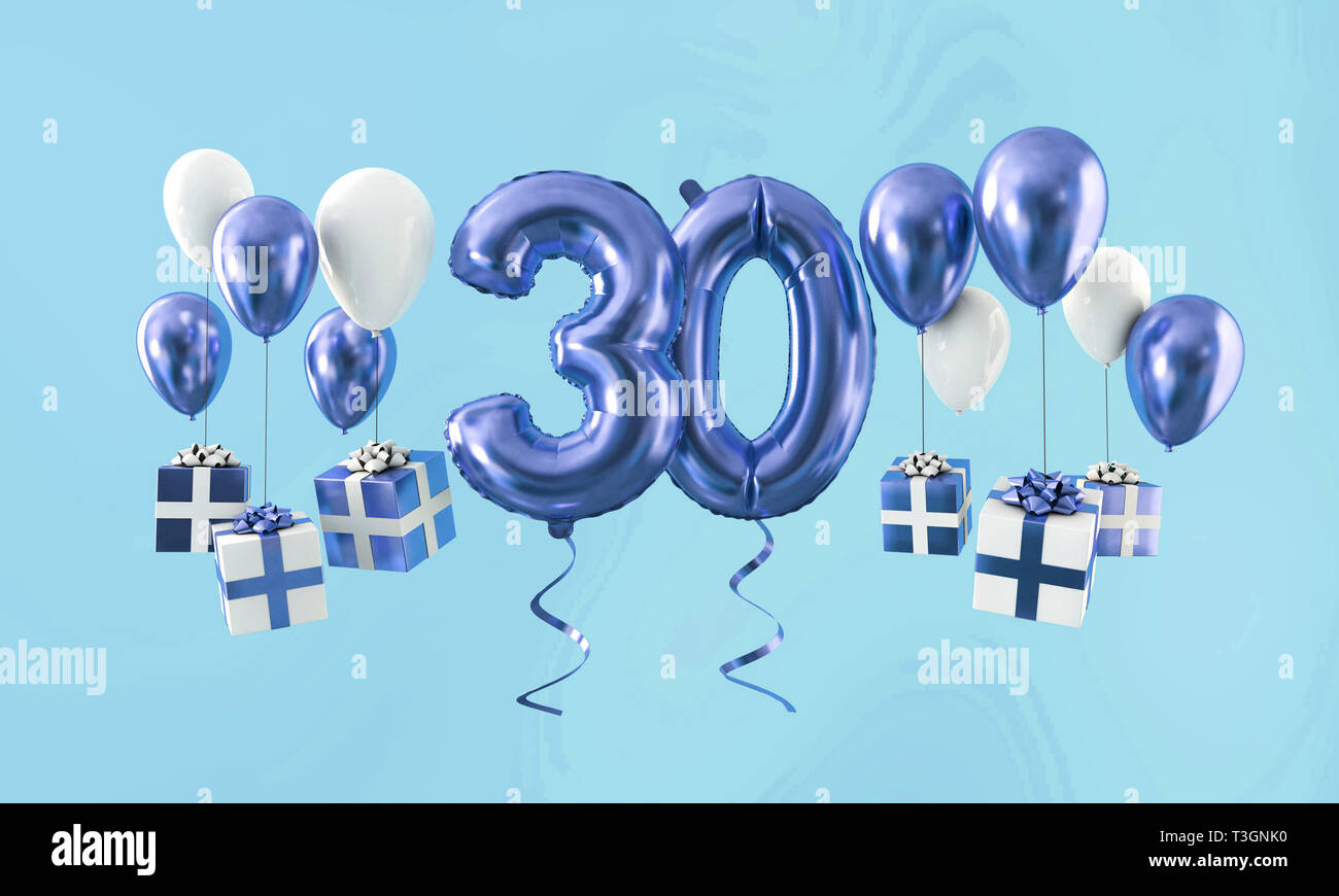 Number 30 birthday celebration gold balloon with presents. 3D Render ...