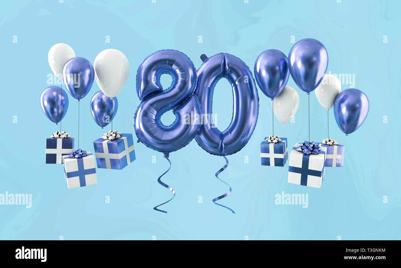 Number 80 birthday celebration gold balloon with presents. 3D Render ...
