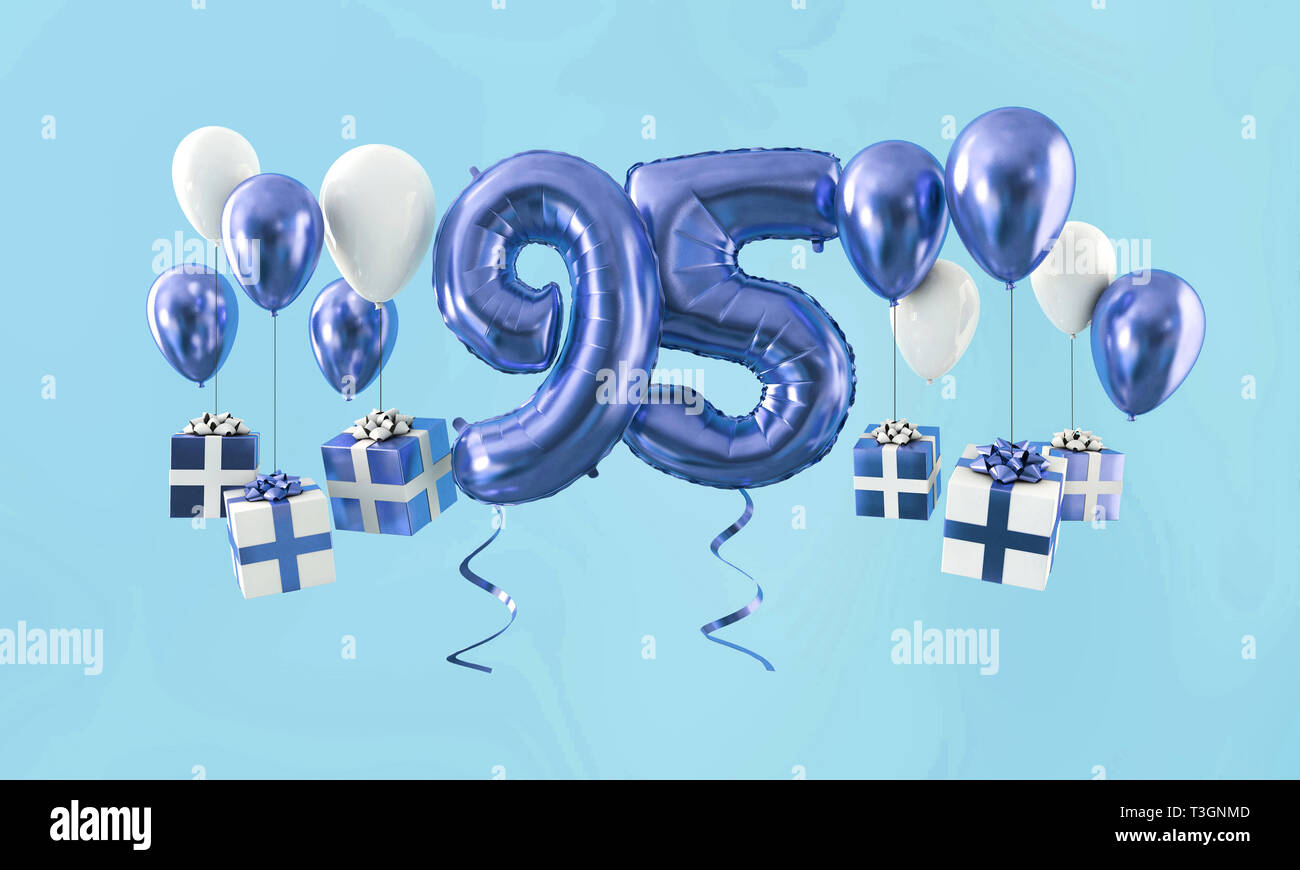 Number 95 birthday celebration gold balloon with presents. 3D Render ...