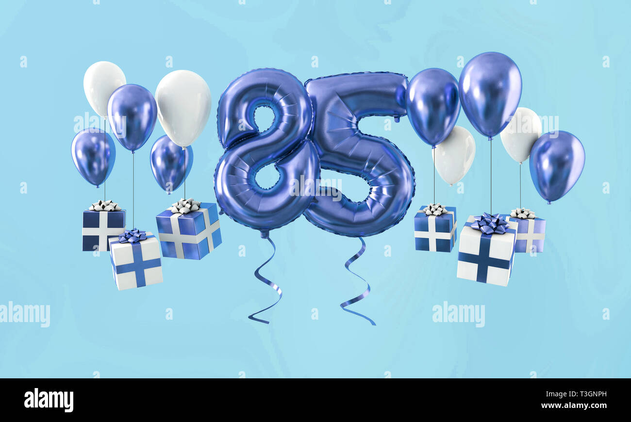 Number 85 birthday celebration gold balloon with presents. 3D Render ...