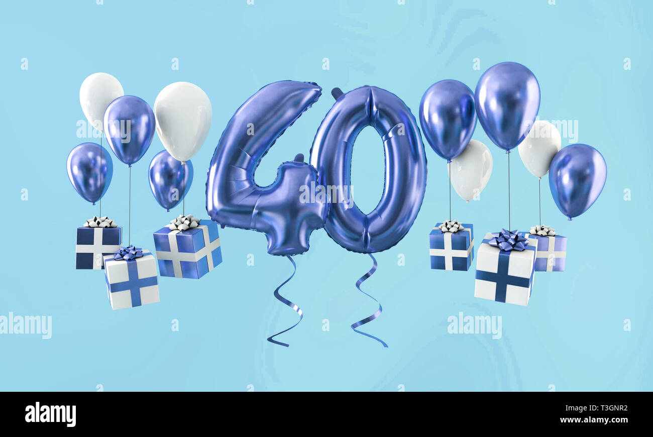 Number 40 birthday celebration gold balloon with presents. 3D Render ...