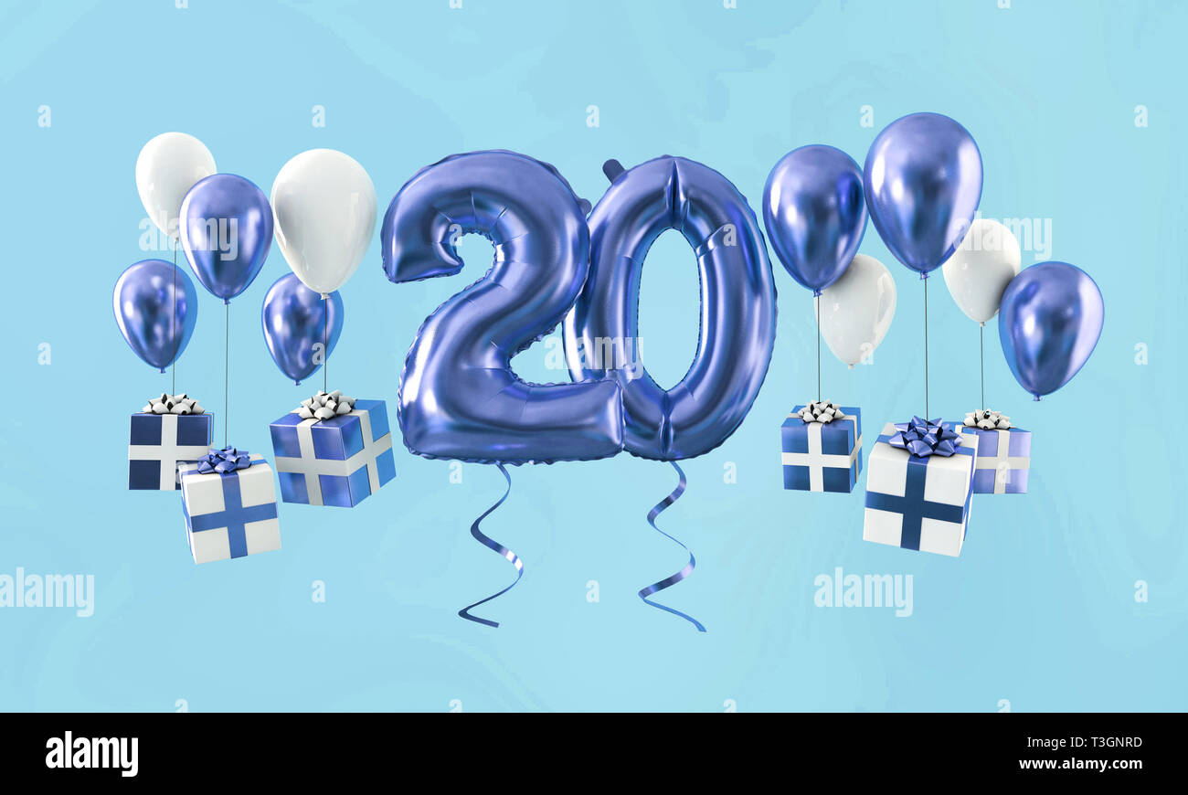 Number 20 birthday celebration gold balloon with presents. 3D Render ...