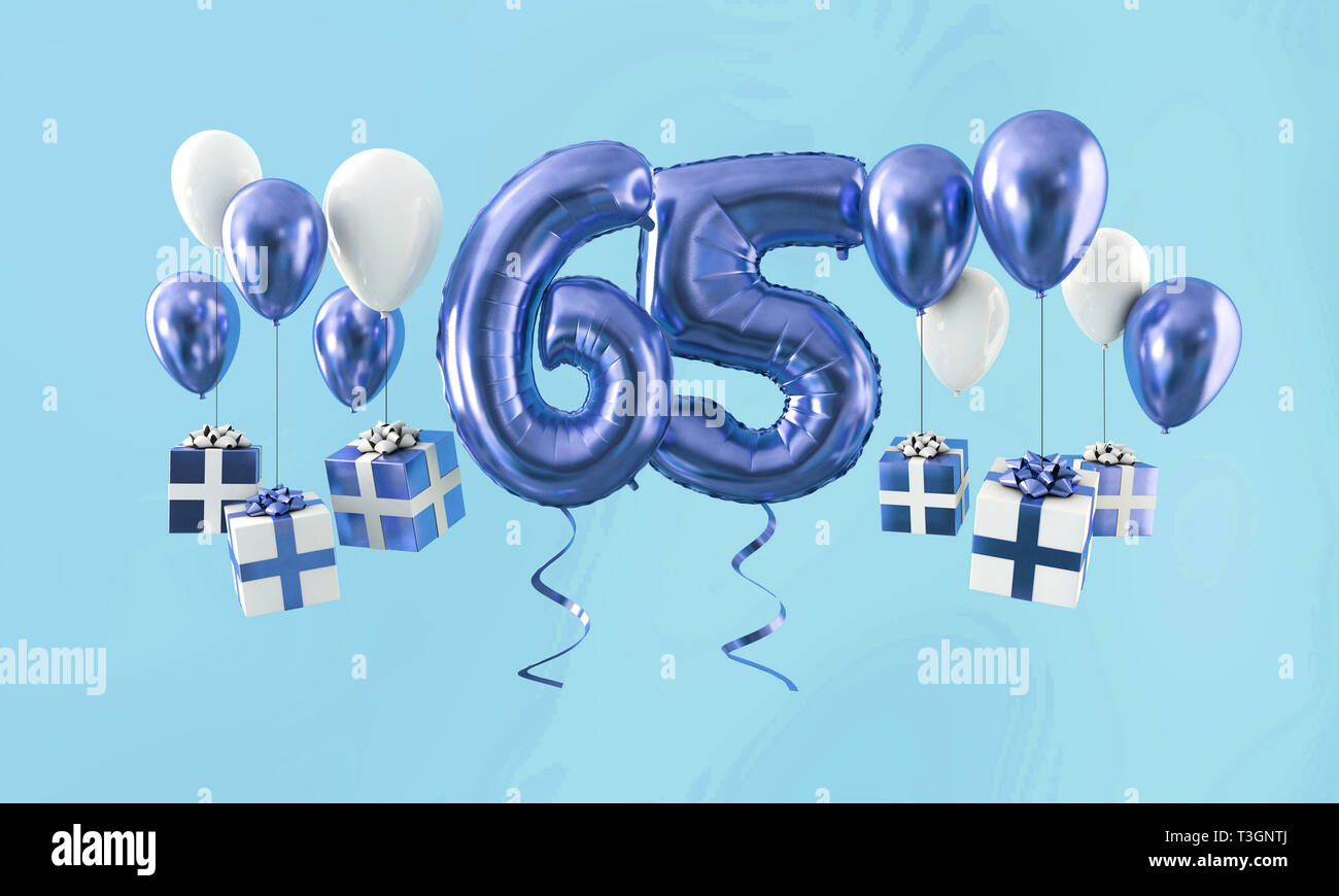 Number 65 birthday celebration gold balloon with presents. 3D Render ...