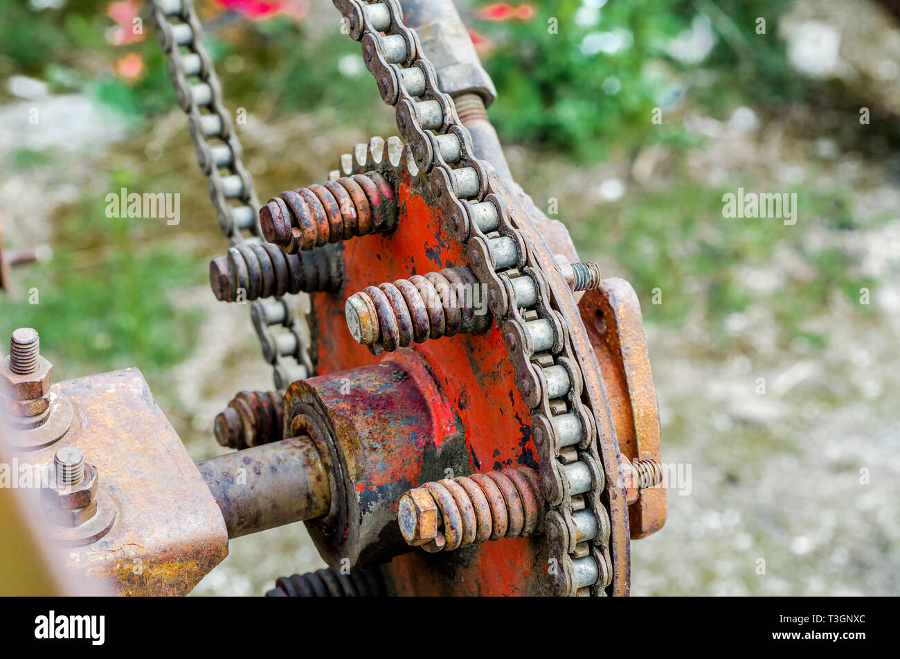 Parts of old broken machine under corrosion closeup. Old technics ...