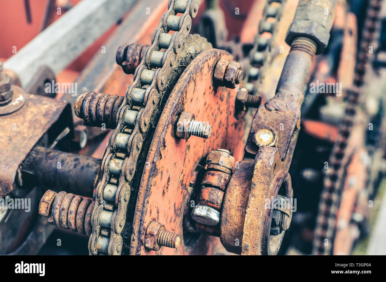 Parts of old broken machine under corrosion closeup. Old technics ...