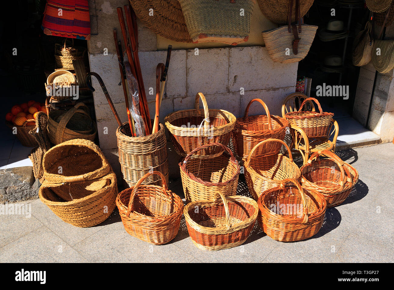 Pavement display of Spanish wicker baskets in Gata de Gorges in the ...