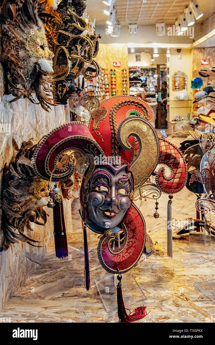 Venetian carnival mask. Street shopping. Famous souvenir. Italian market. Italy, Venice Stock ...