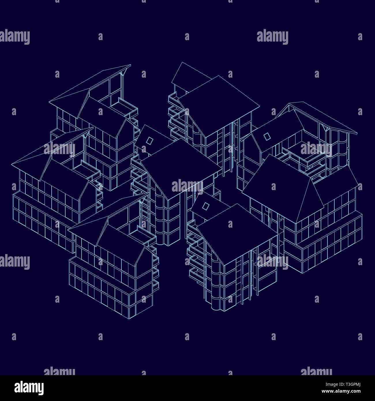 Wireframe of the houses standing nearby. Isometric view. District homes ...