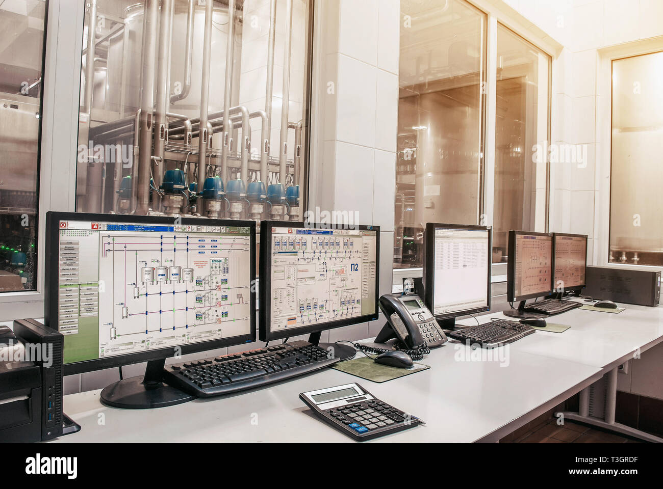 Production line control room. Computers, circuits, communication ...