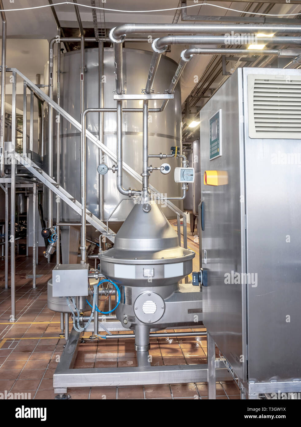 Stainless steel pipes in the factory. Construction on food production ...