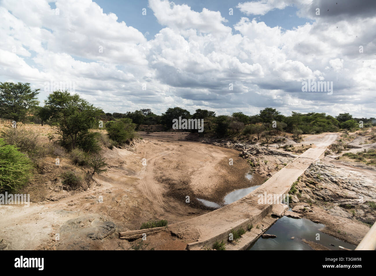 Dry river bed near Enziu, Kenya, about 3 hours northeast of Nairobi ...