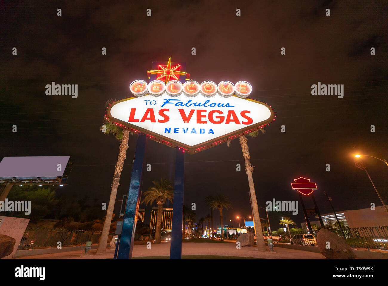 Famous Las Vegas sign at night in Las Vegas city, Nevada, USA Stock ...