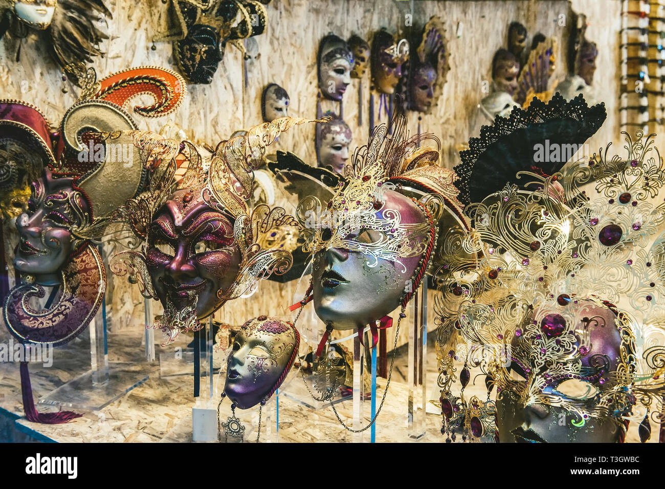 Venetian carnival mask. Street shopping. Famous souvenir. Italian market. Italy Venice Stock ...