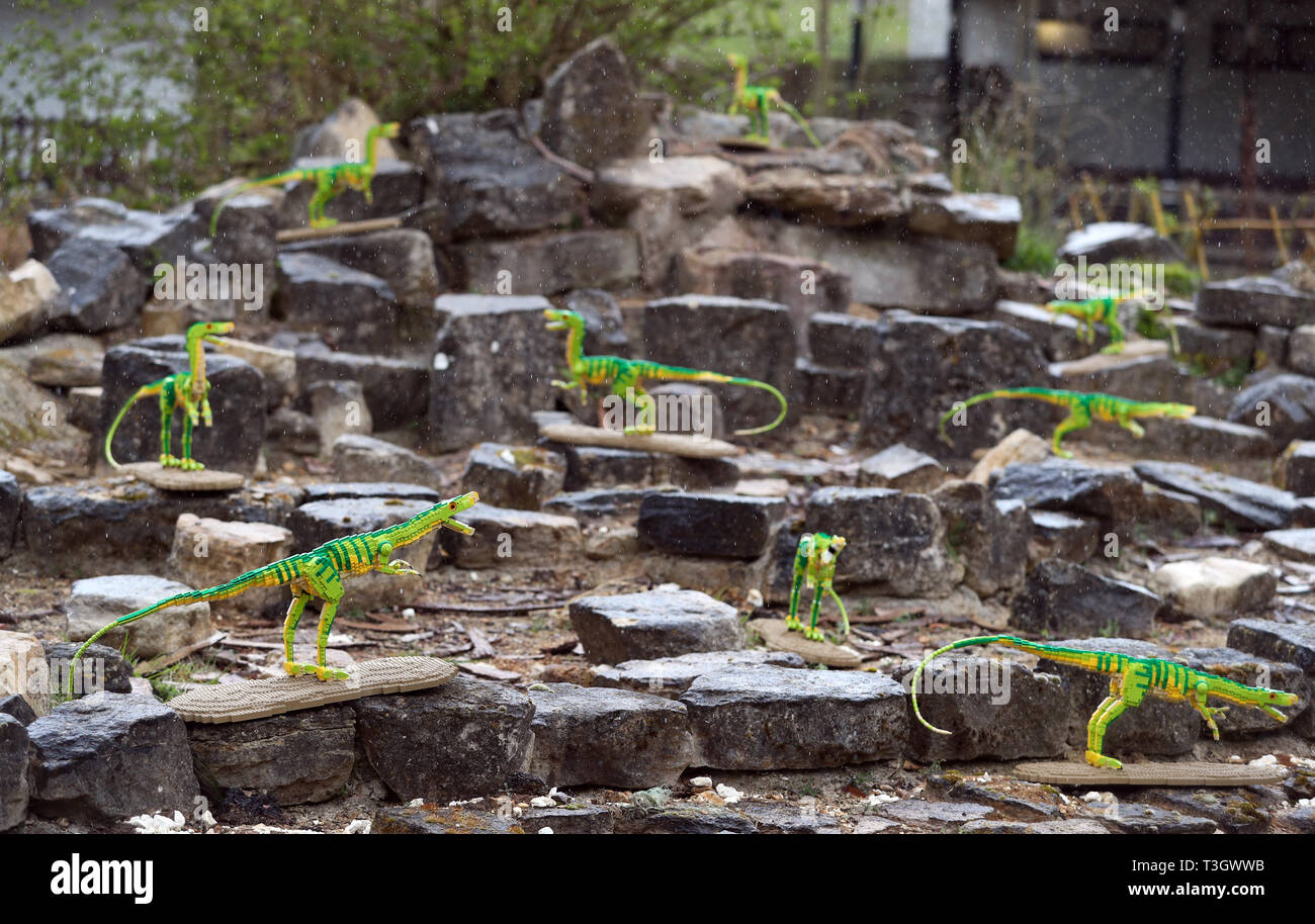 Compsognathus' made out of Lego stand on display at Marwell Zoo ...