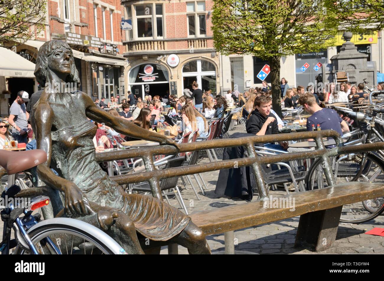 Leuven, Belgium - April 1, 2019: Woman bronze sculpture by Fred ...