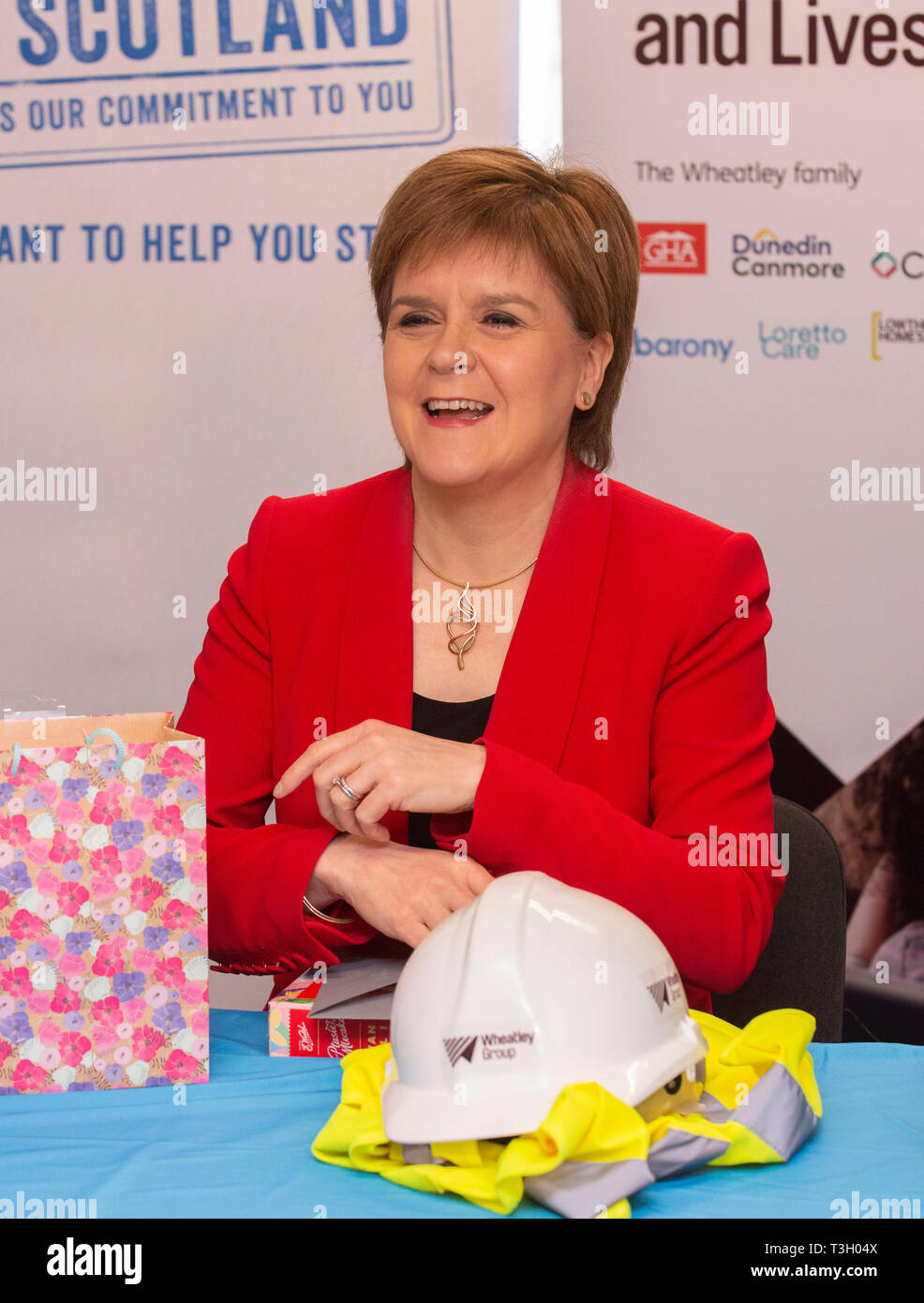 First Minister Nicola Sturgeon during her visit to a building site in ...