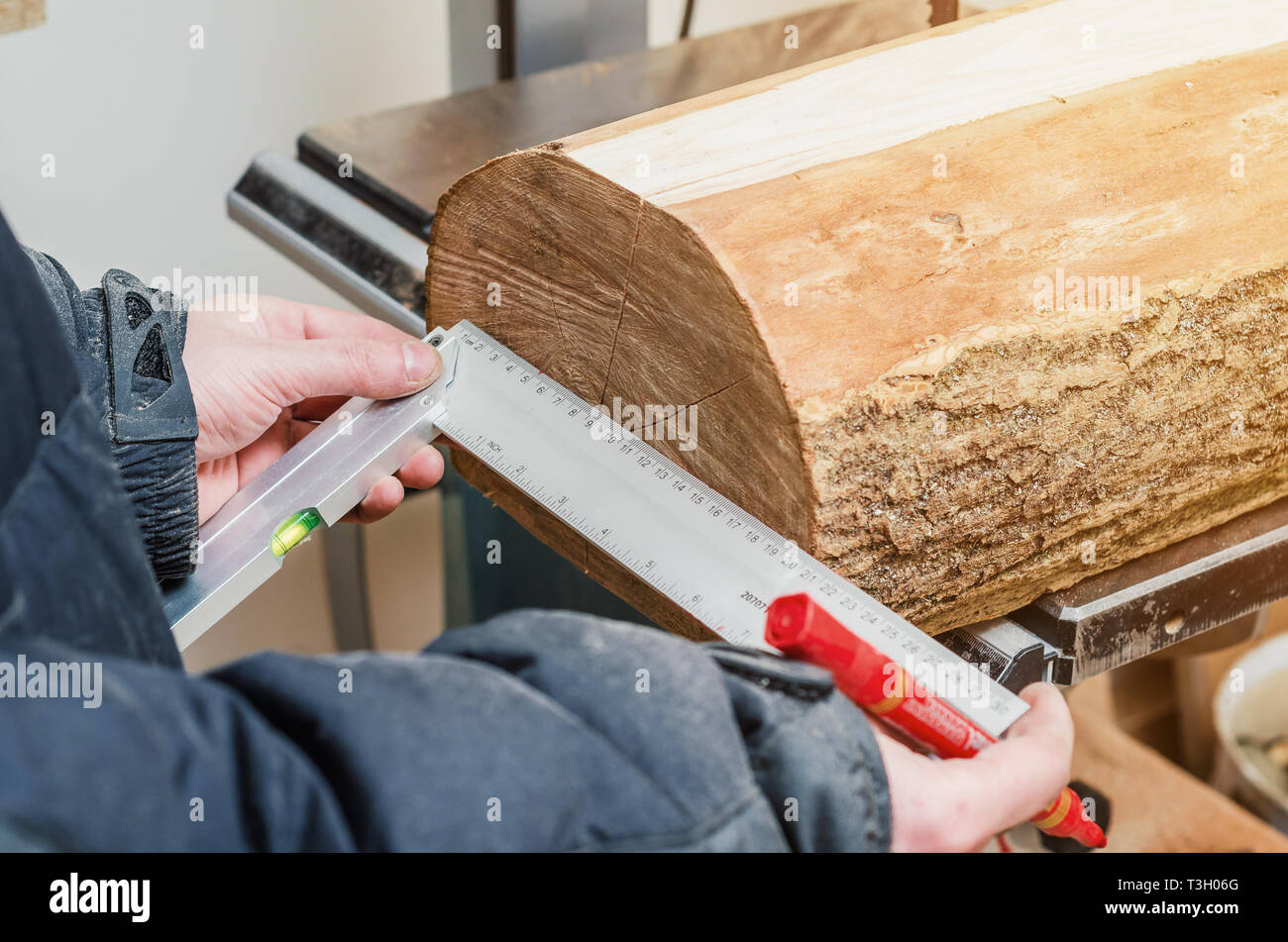 The hands of a woodworker are measuring a log with a metal ruler ...