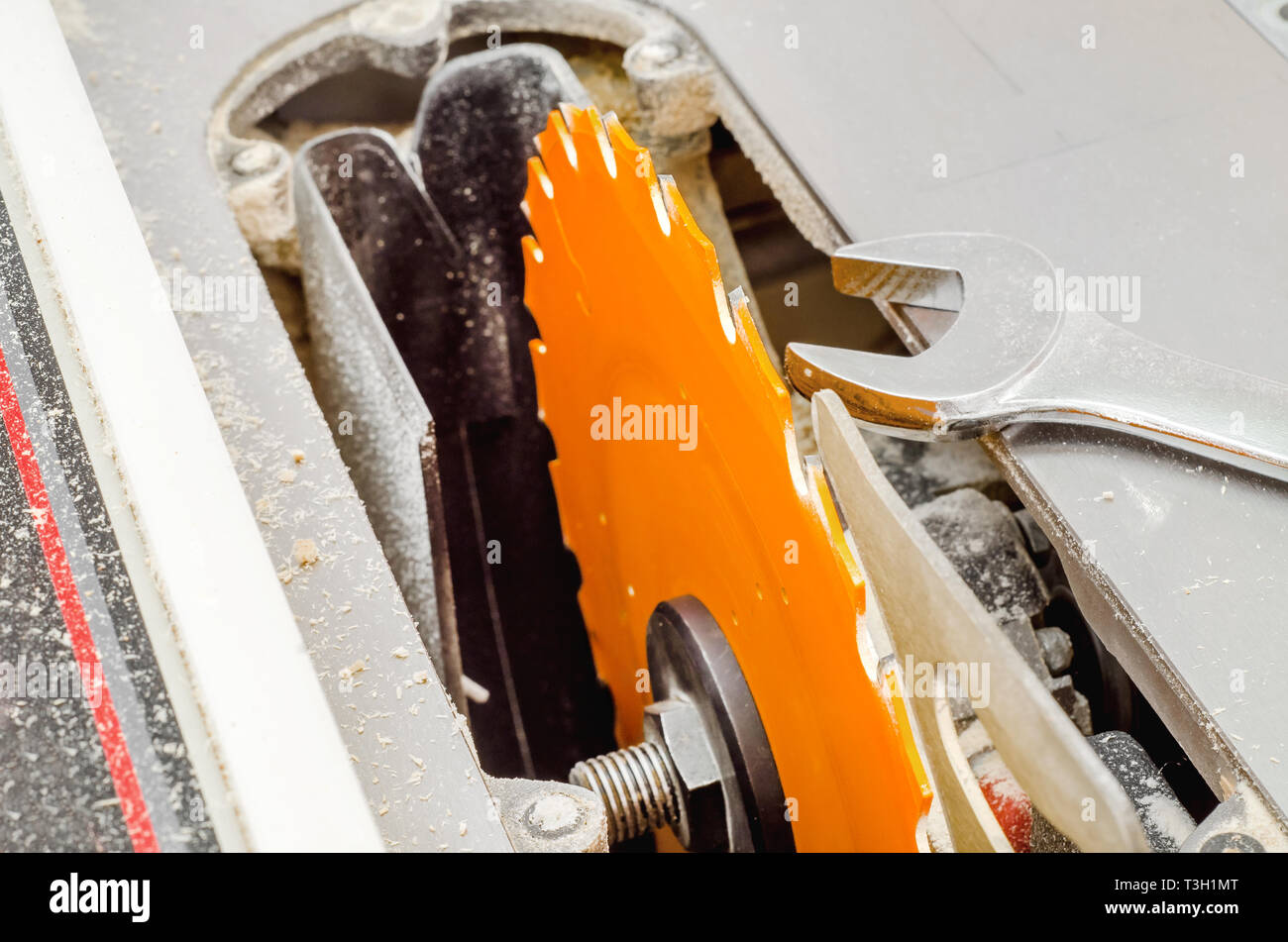 Woodworking, adjustable circular saw in the workshop Stock Photo - Alamy