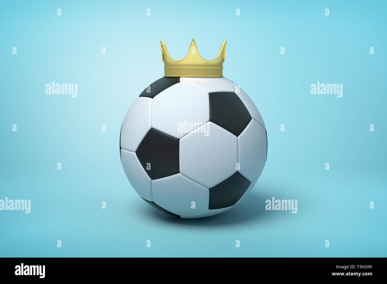 3d rendering of a football wearing a golden crown on light blue ...