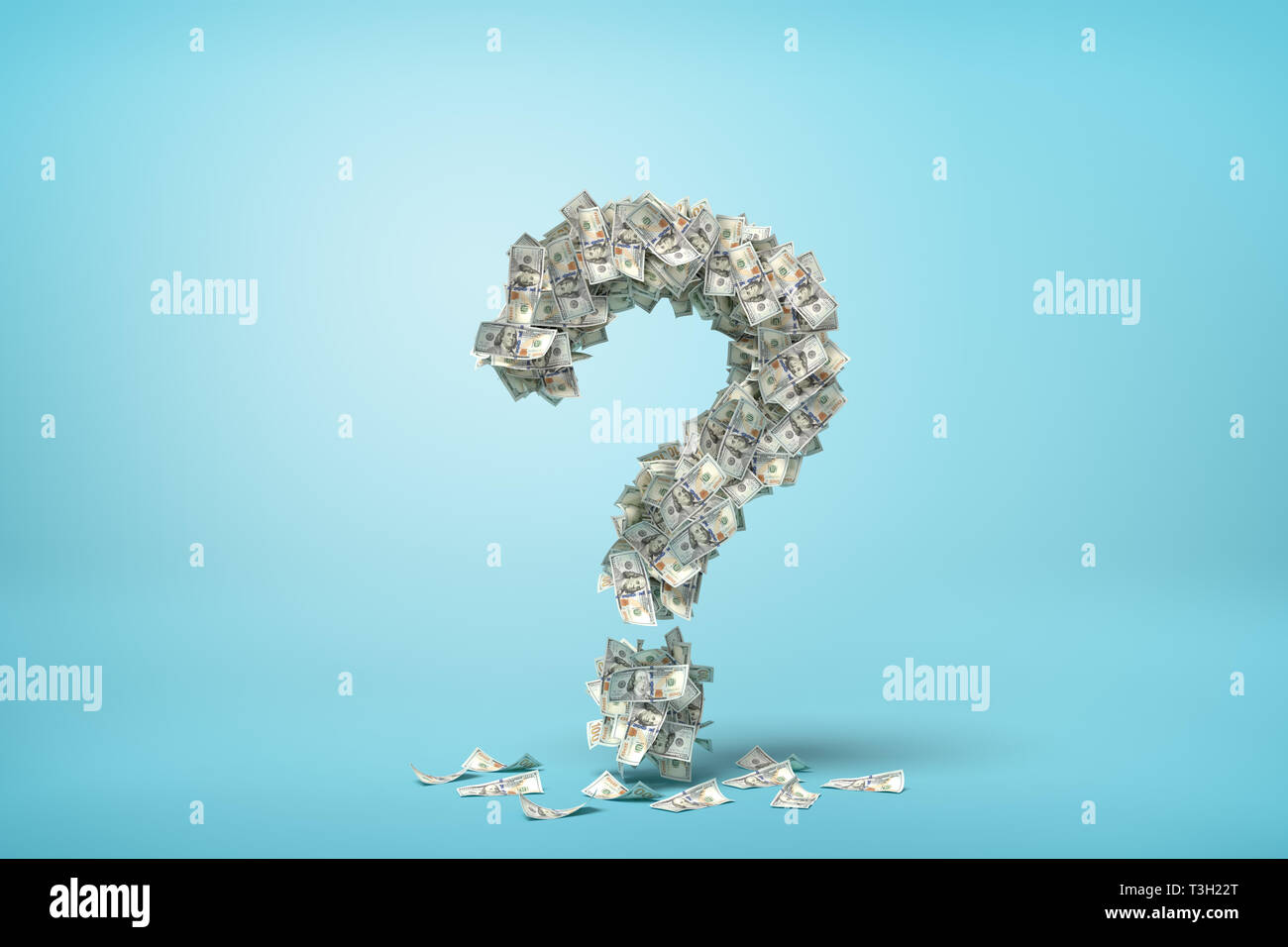 3d rendering of question mark made up of dollar banknotes on blue ...