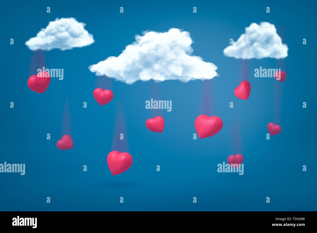 3d rendering of set of scarlet hearts falling down from three white ...