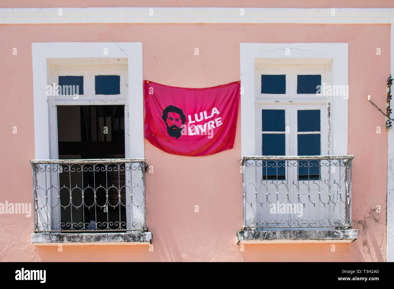 Red flag with "Lula Free" written in Portuguese on the facade of a ...