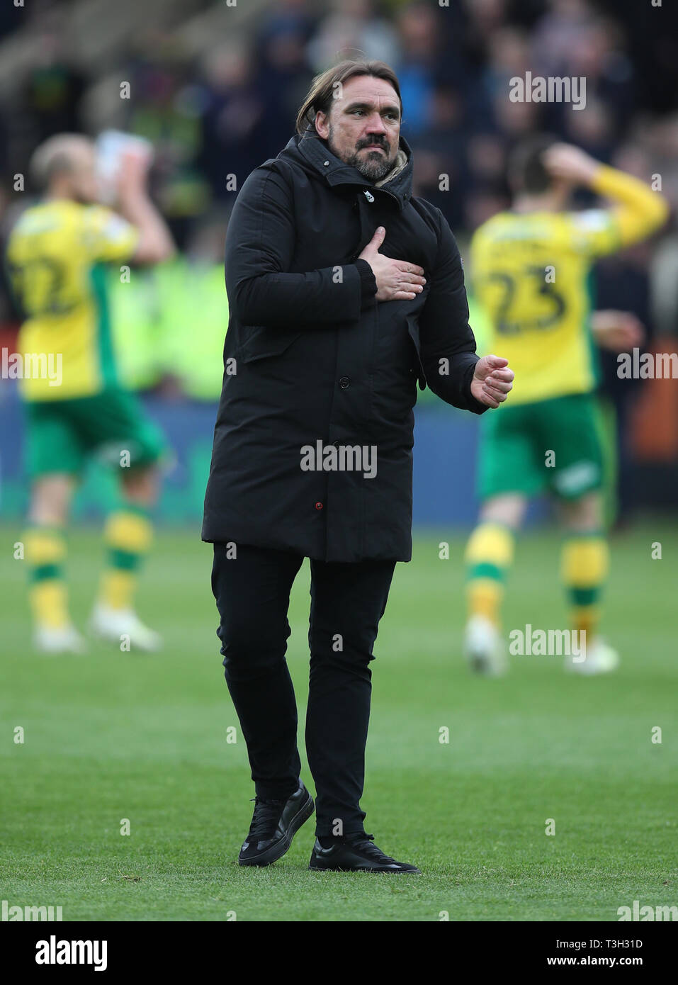 Norwich City manager Daniel Farke celebrates with the fans after the ...