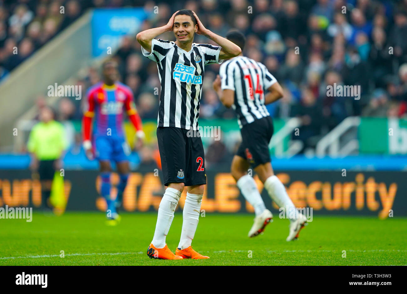 Newcastle Uniteds Miguel Almiron Reacts During The Premier League Match At St James Park