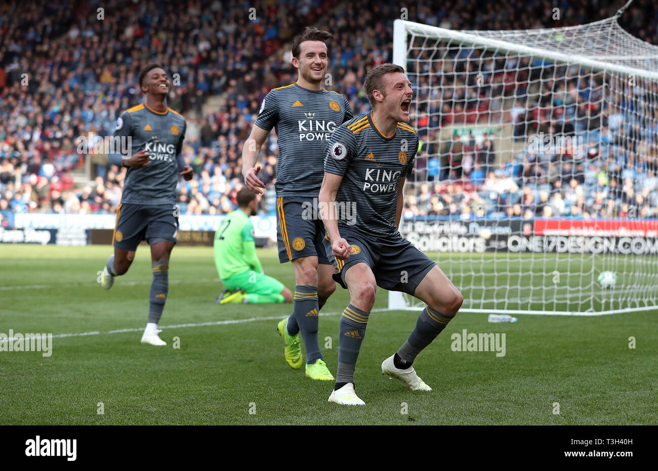 Leicester City's Jamie Vardy celebrates scoring his side's fourth goal ...