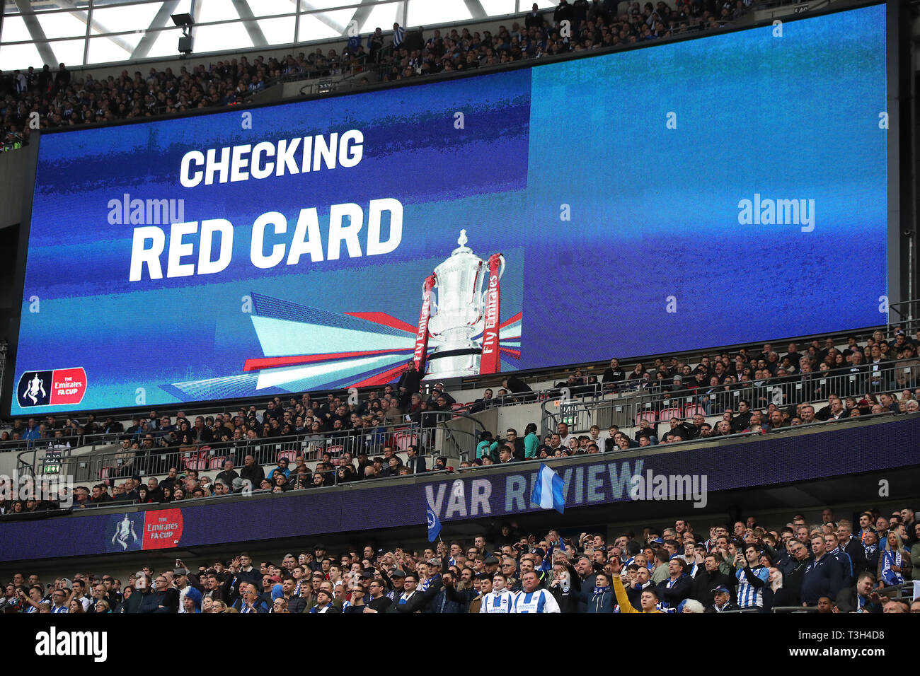 General view of the big screen during VAR Red Card check between ...