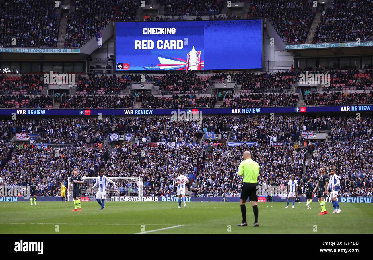A general view of the big screen during VAR Red card check during the ...