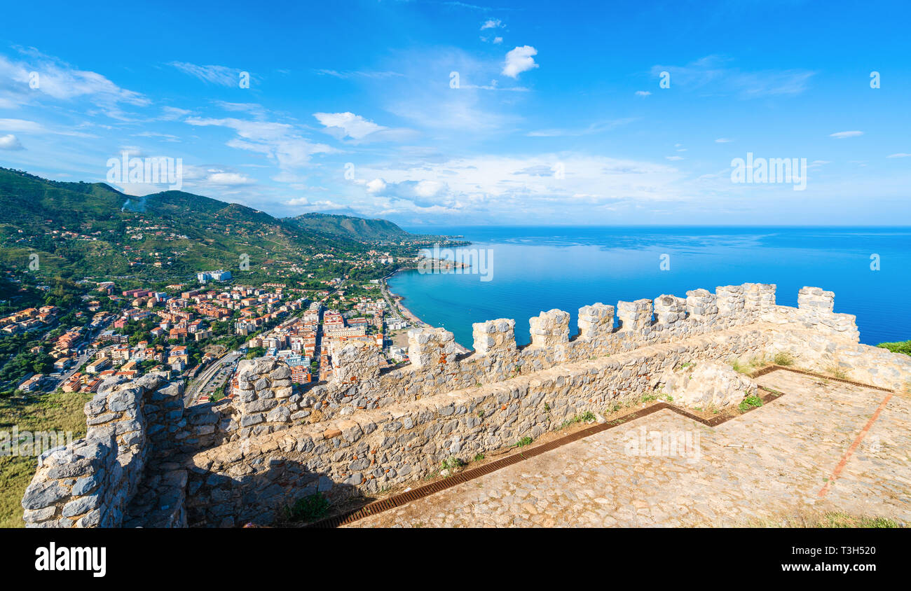 Aerial view of Cefalu and Mediterranean sea from Norman Citadel, La ...