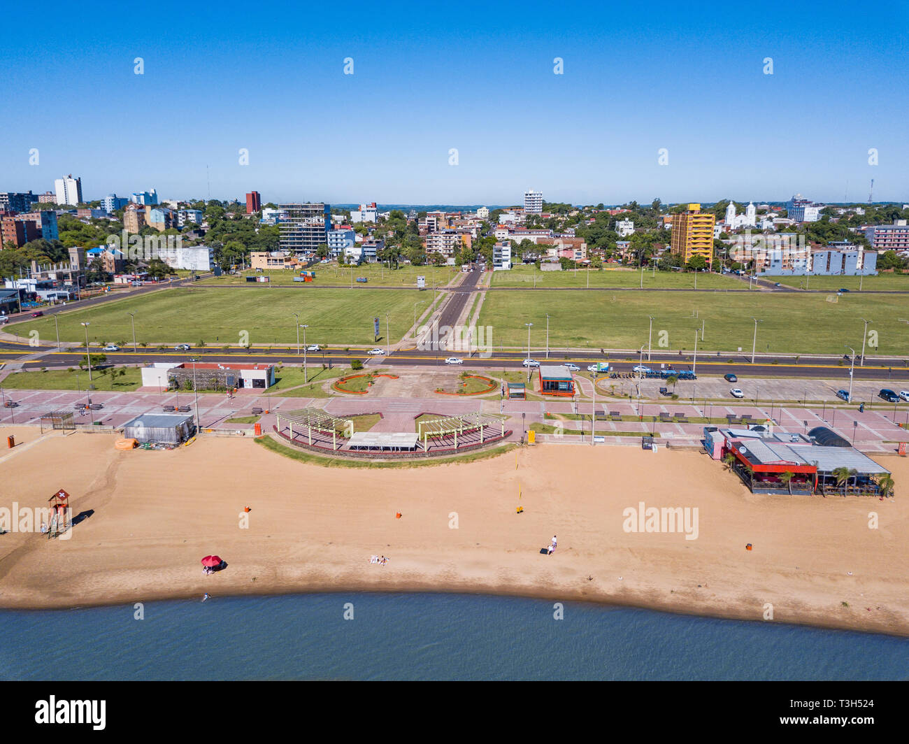 Aerial view of Encarnacion in Paraguay overlooking the San Jose beach ...