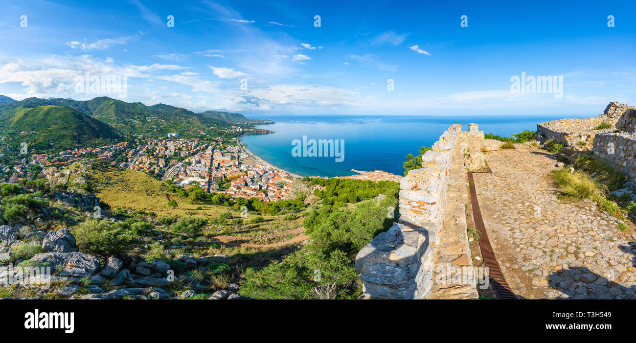 Aerial view of Cefalu and Mediterranean sea from Norman Citadel, La ...
