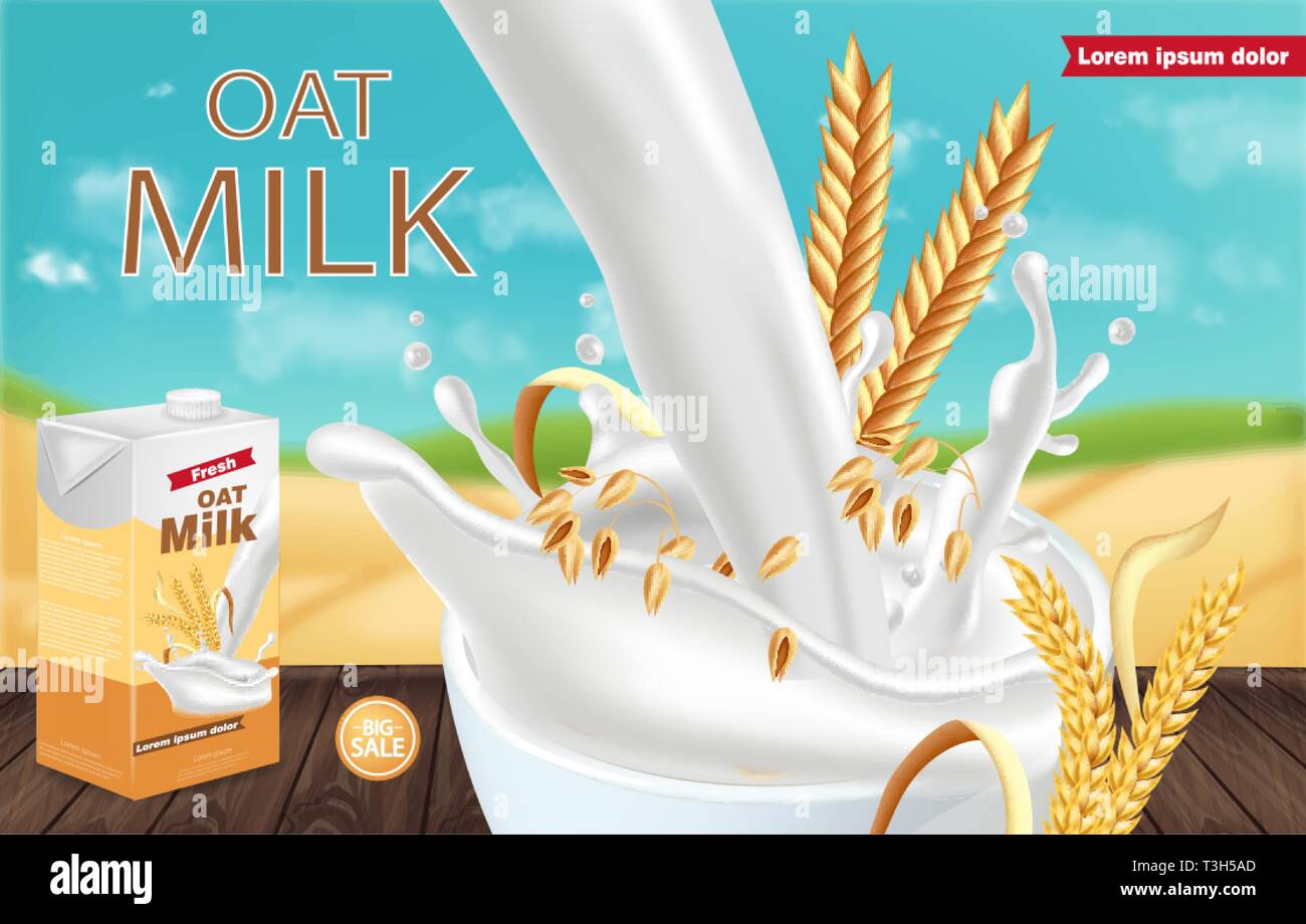Oat milk package Vector realistic with splash. Product placement mock ...