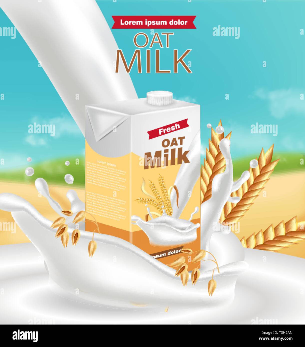 Oat milk package Vector realistic with splash. Product placement mock ...