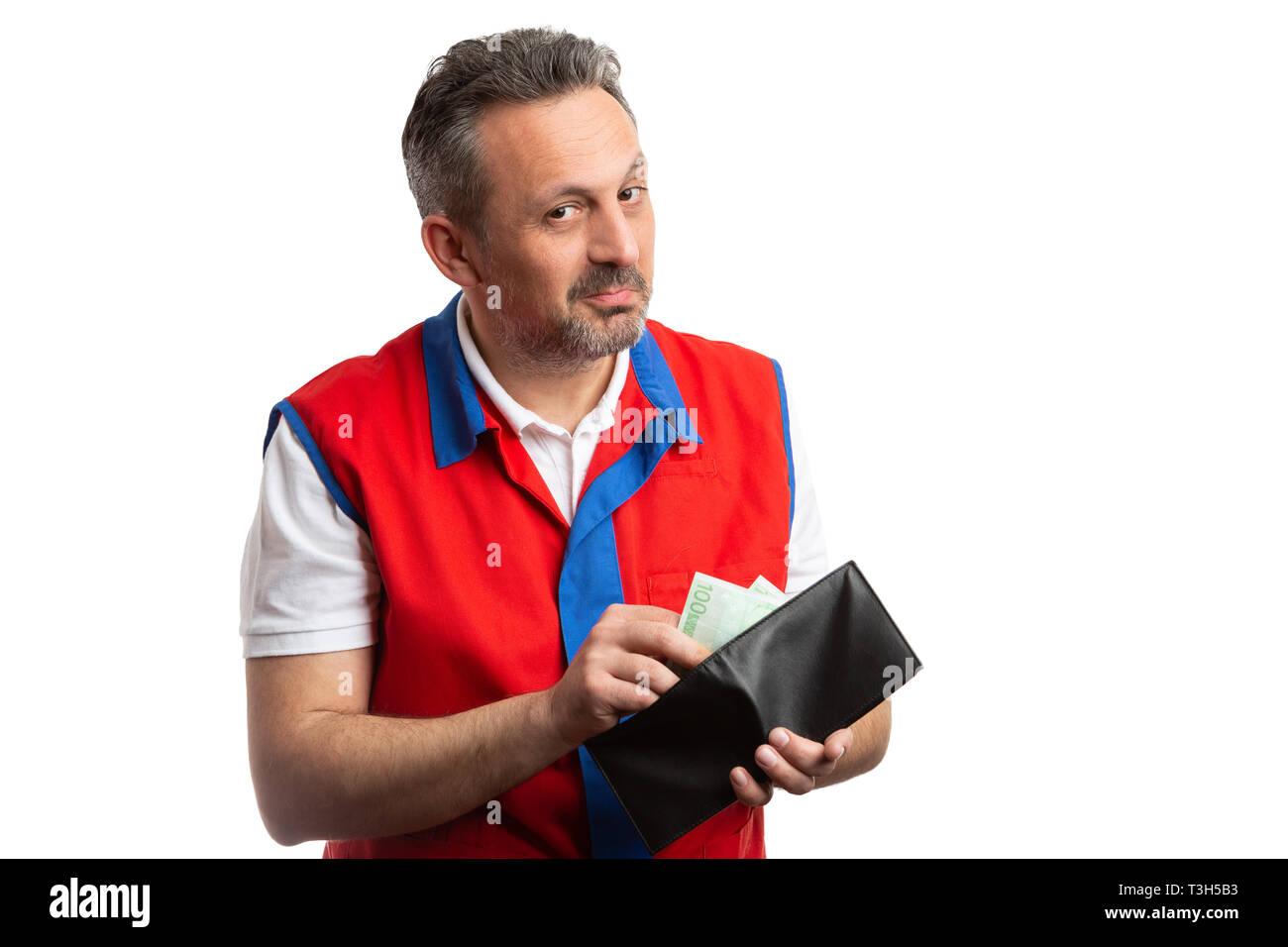 Male hypermarket or supermarket employee putting money bills inside ...