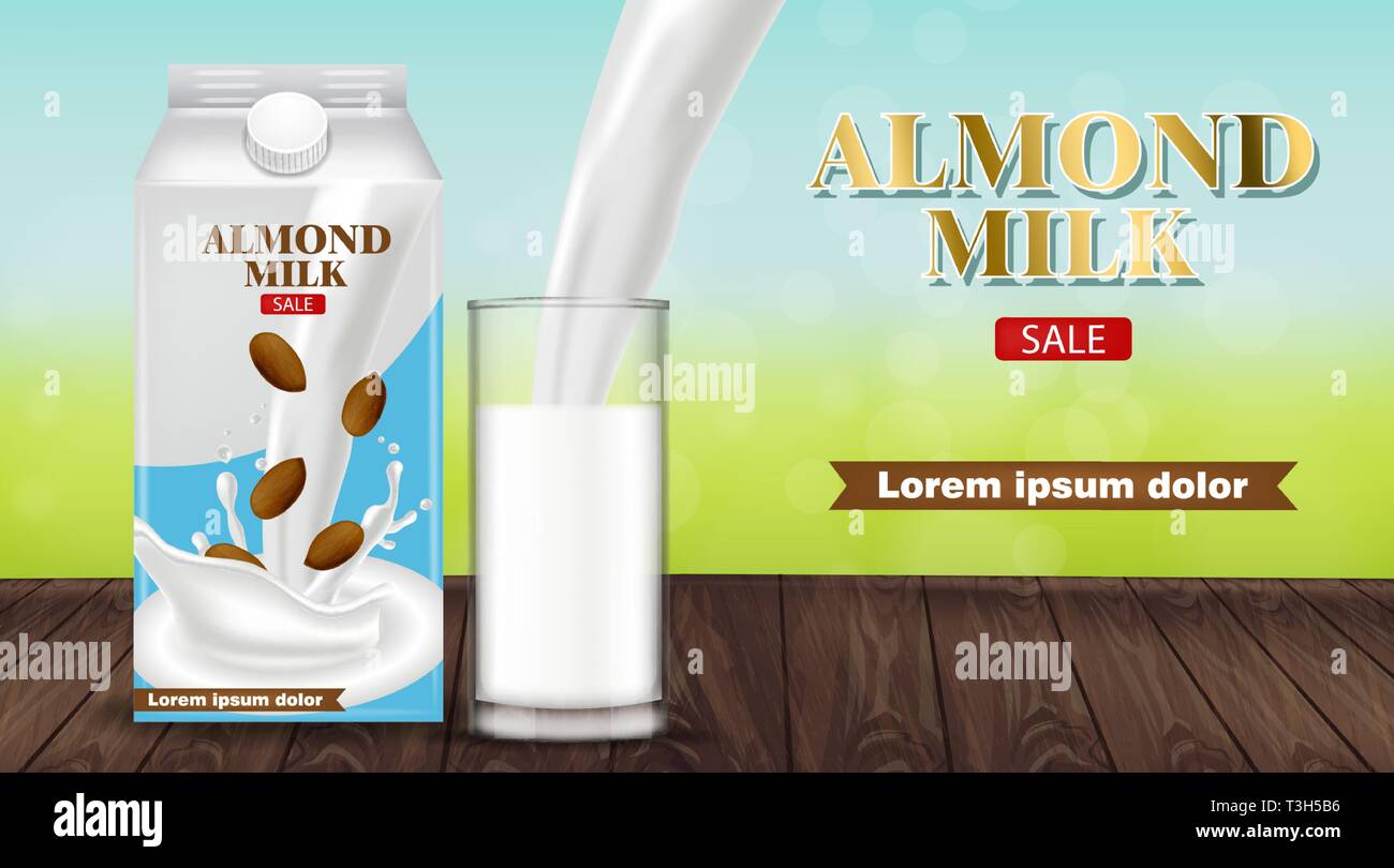 Almond milk pouring in a glass vector realistic. Product placement ...