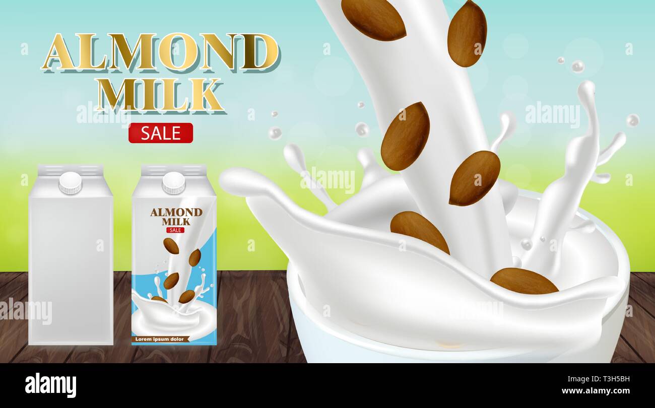 Almond milk vector realistic. Product placement advertise. Splash milk ...