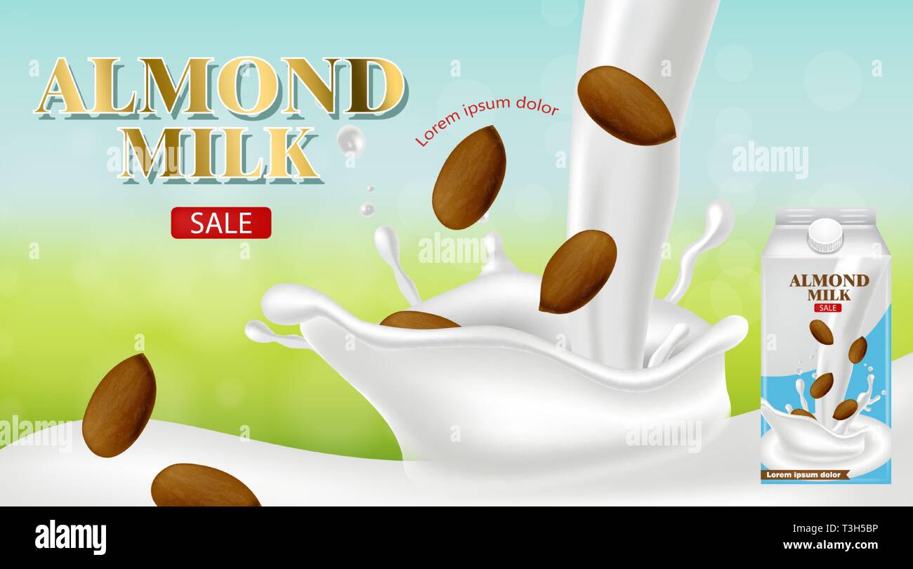 Almond milk vector realistic. Product placement advertise. Splash milk ...