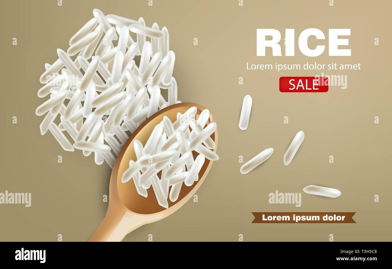 Rice Vector realistic. Wood spoon full of grains detailed 3d ...