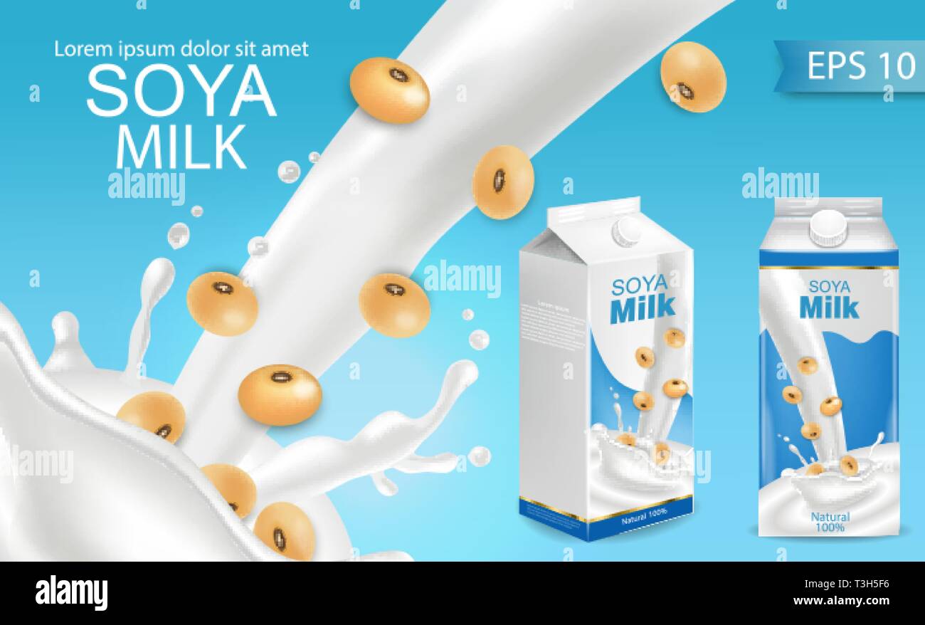 Soy milk mock up with splash Vector realistic. Milk box product ...