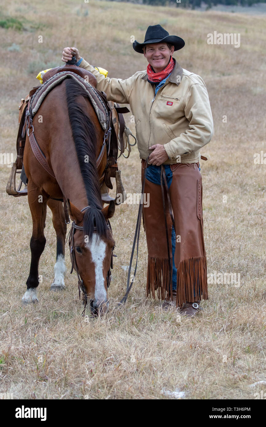 Smiling American cowboy stands beside horse in Wyoming Stock Photo - Alamy