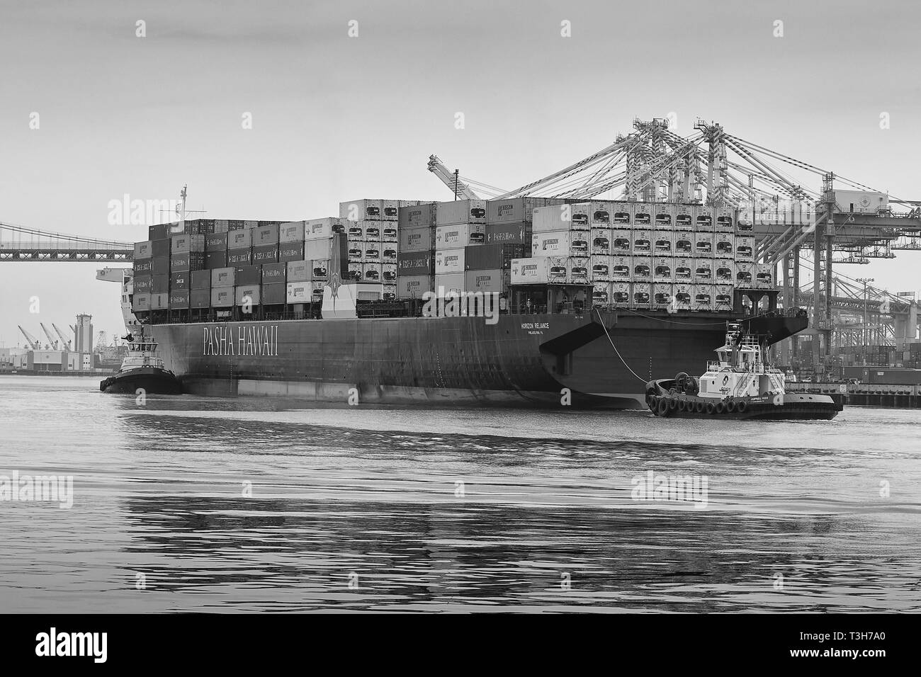 Black And White Photo Of Foss Maritime Tugboats Guiding The PASHA ...