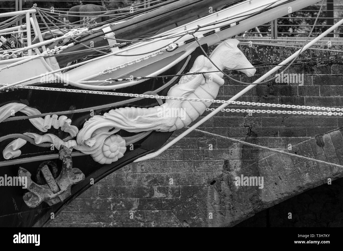 A figurehead carving adorning the bow of a sailing ship which according ...